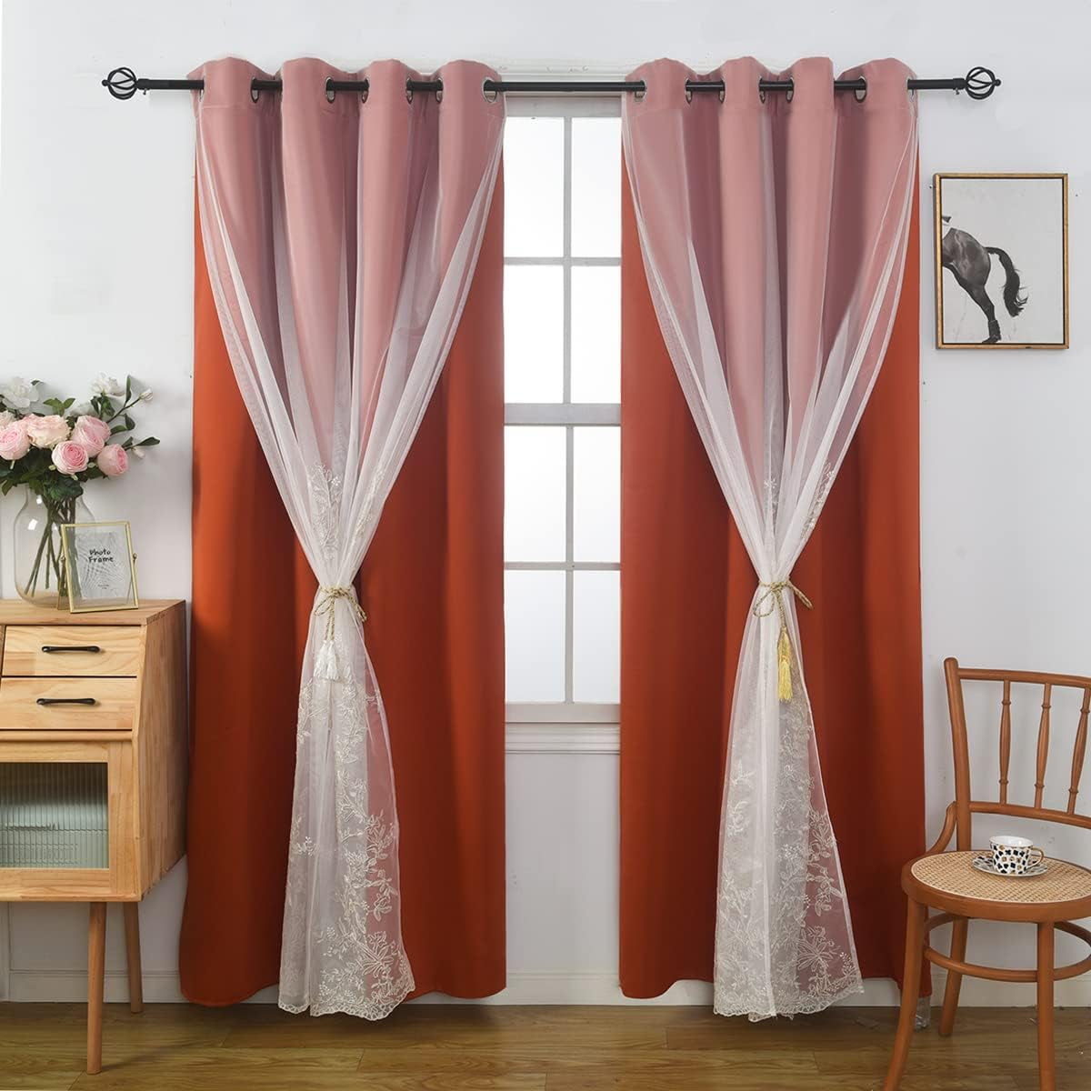 GYROHOME Double Layered Curtains with Embroidered White Sheer Tulle ...