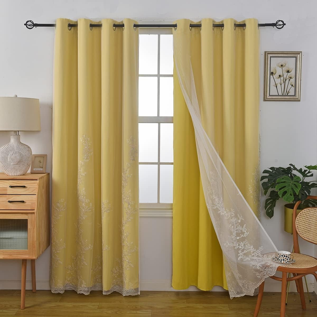 GYROHOME Double Layered Curtains with Embroidered White Sheer Tulle ...