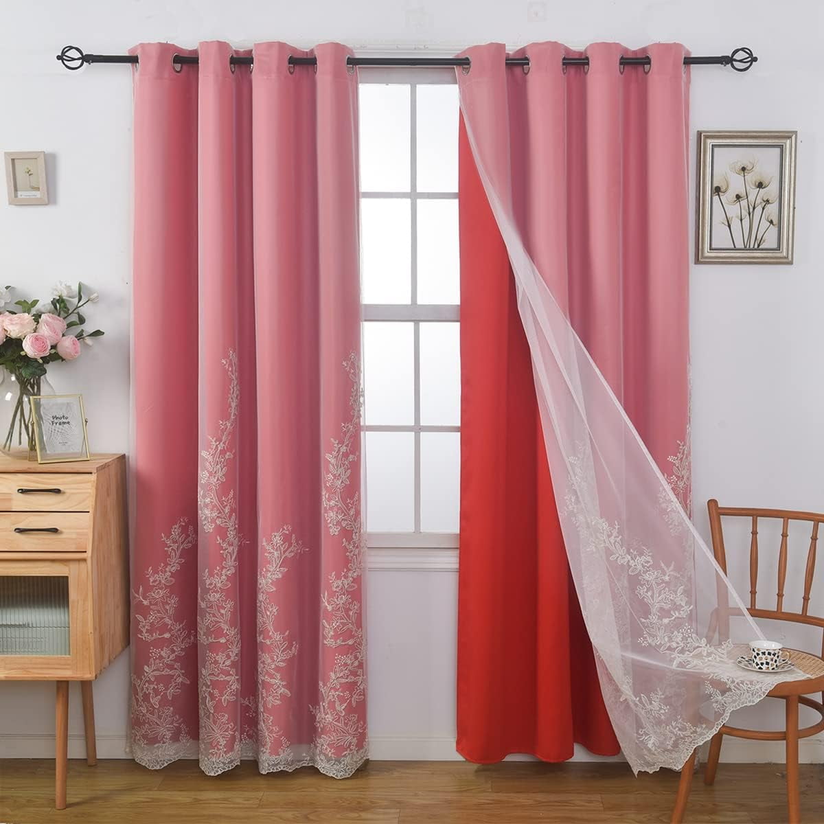 GYROHOME Double Layered Curtains with Embroidered White Sheer Tulle ...