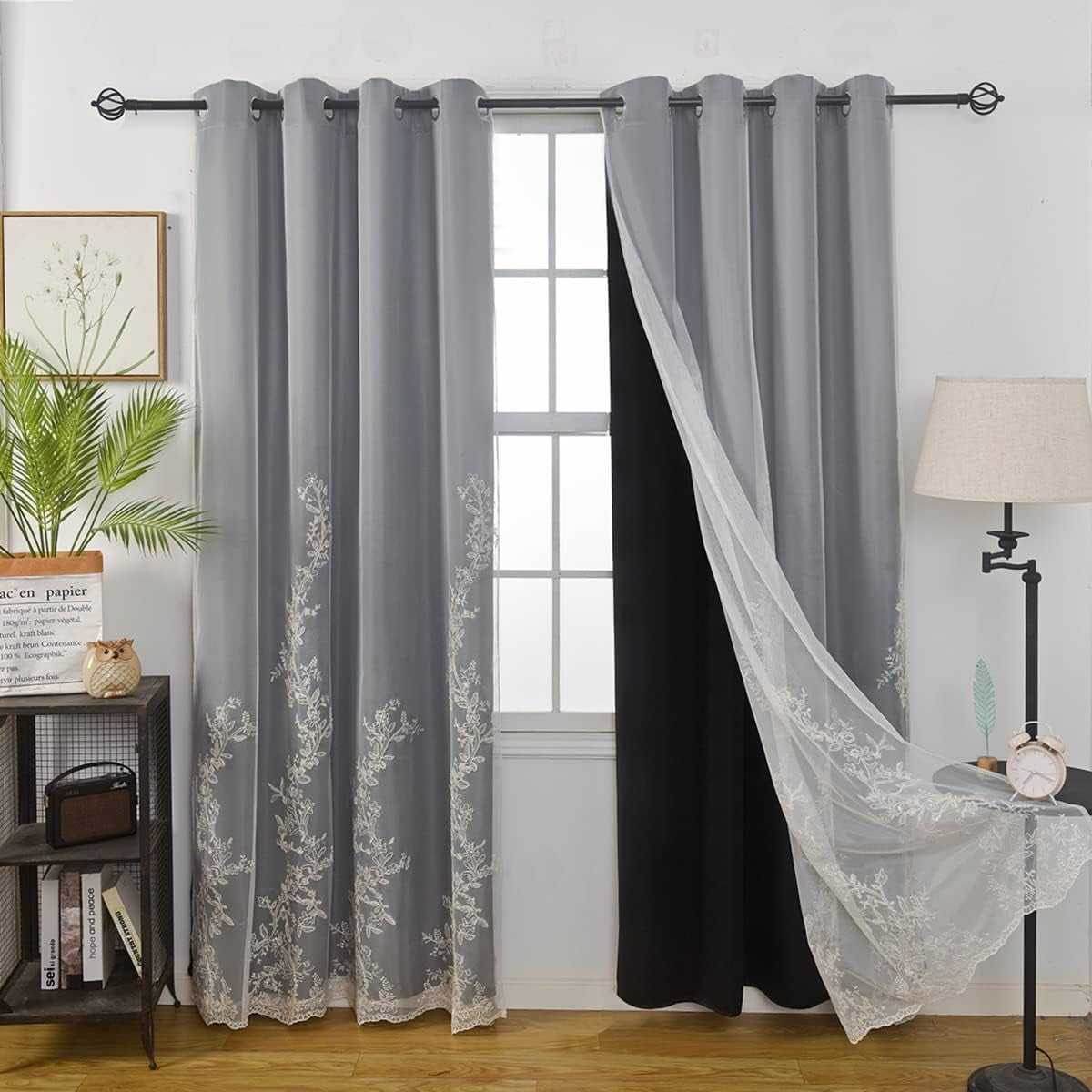 GYROHOME Double Layered Curtains with Embroidered White Sheer Tulle ...