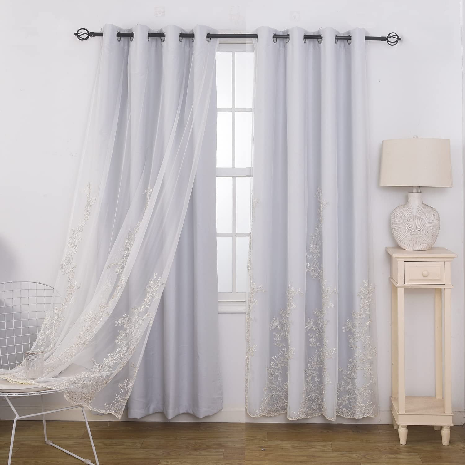 GYROHOME Double Layered Curtains with Embroidered White Sheer Tulle ...