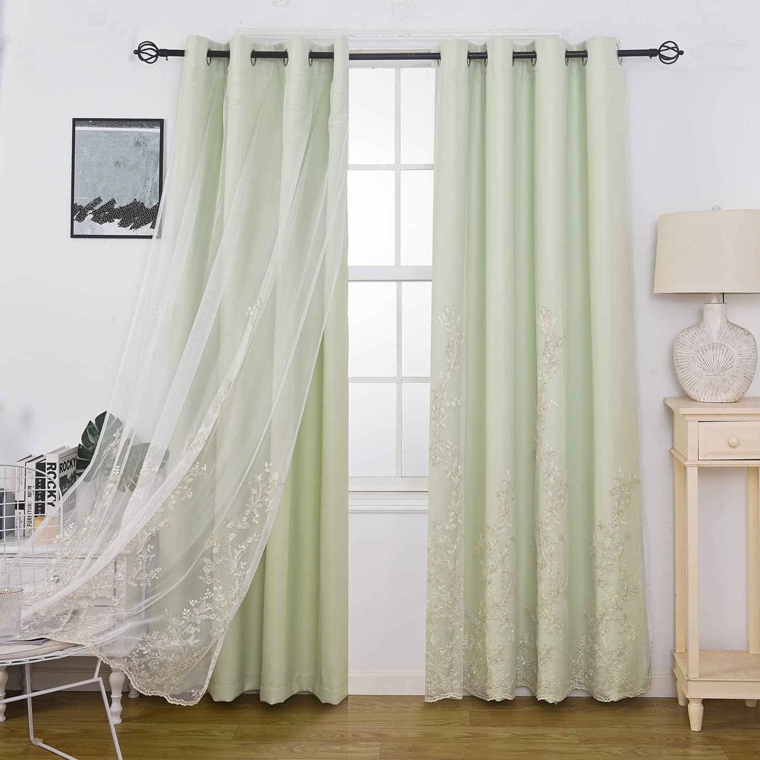 GYROHOME Double Layered Solid Curtains with Embroiered White Sheer ...