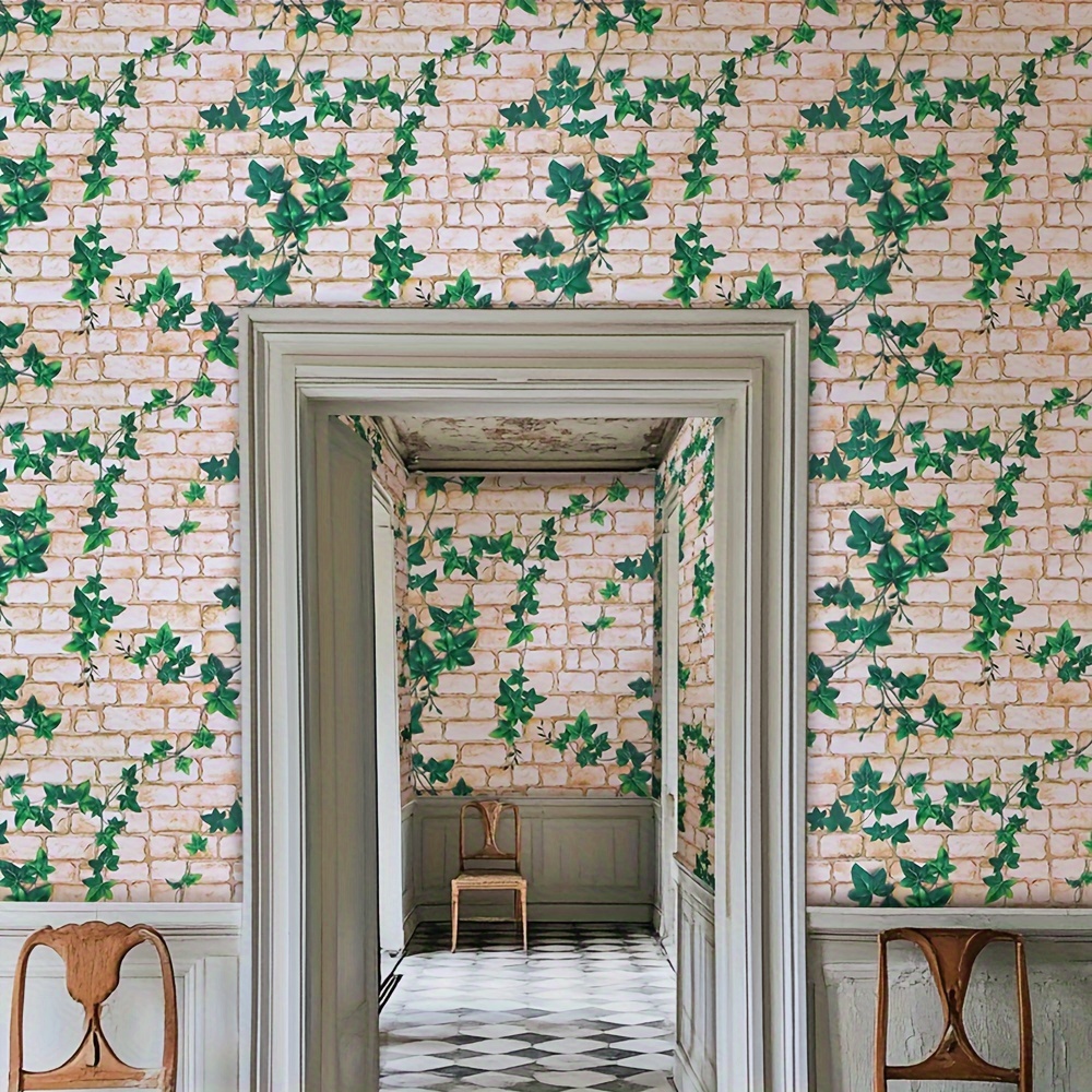 GYTY 1 Roll - Rustic Green Ivy & Brick Pattern Self-Adhesive Wallpaper ...