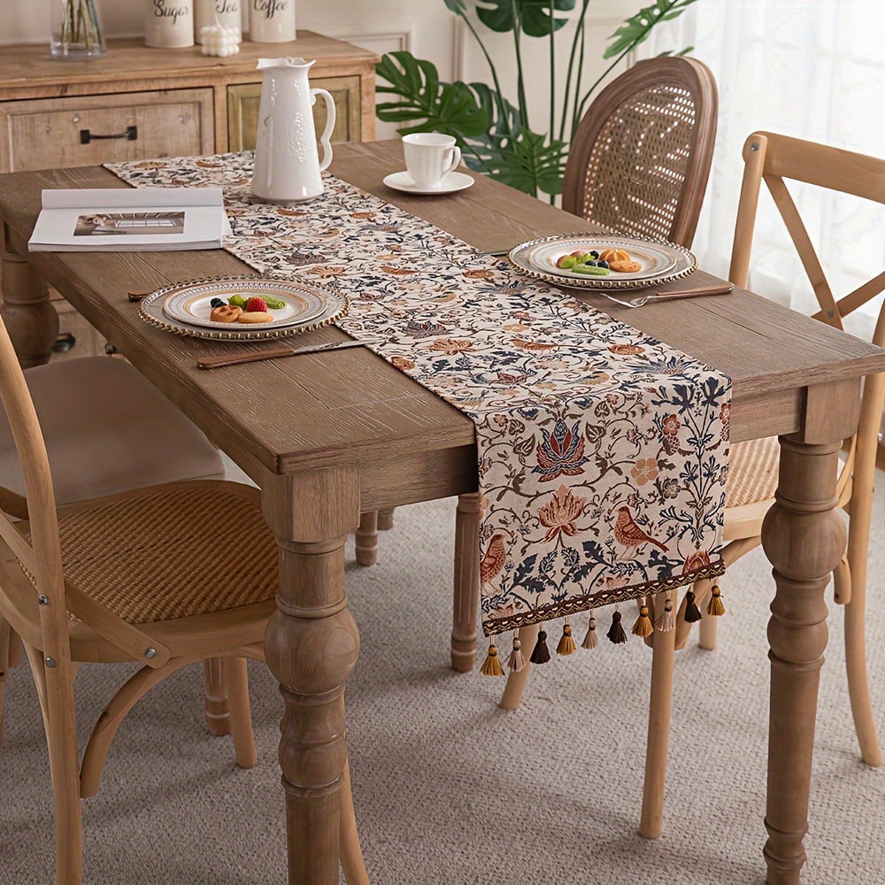 GYTY 1pc Vintage Floral & Bird Jacquard Table Runner with Tassels ...