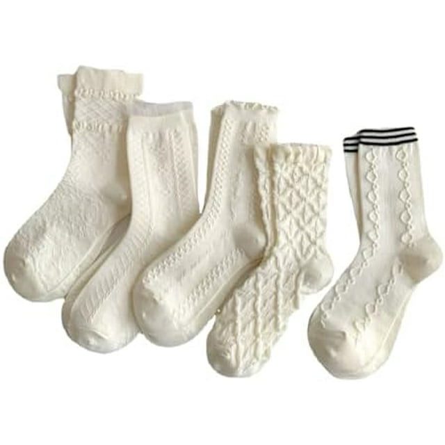 GYTY 5 Pair Beige Cute Socks Cottagecore Floral Lace Ruffle Women Socks ...