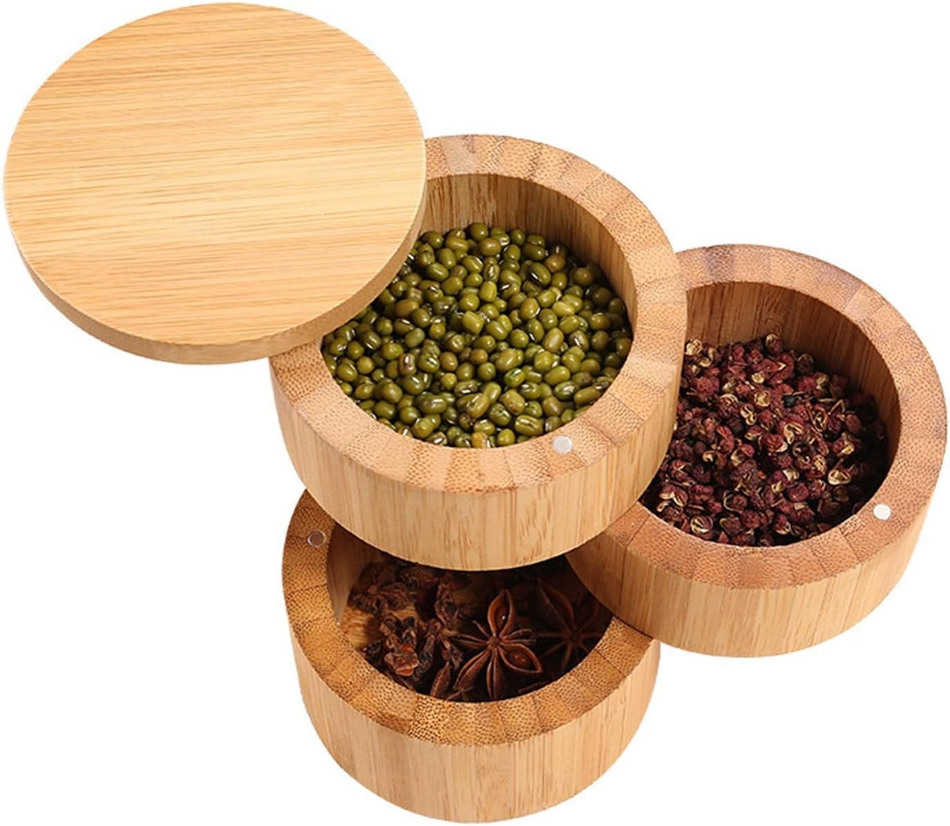 GYTY Bamboo Triple Salt Cellar, Home 3 Tier Bamboo Wood Container 3 ...