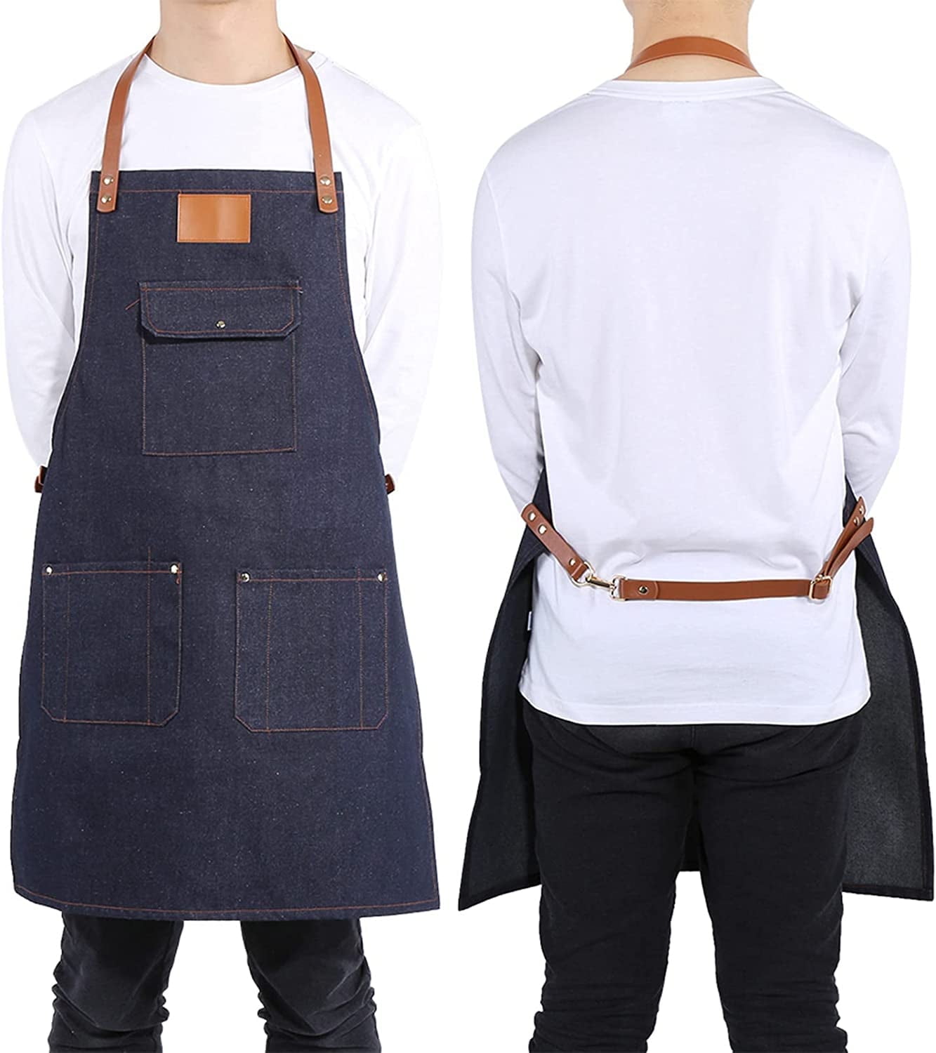 GYTY Chef Apron, Denim Bib Apron with Leather Strap, Kitchen Apron with ...
