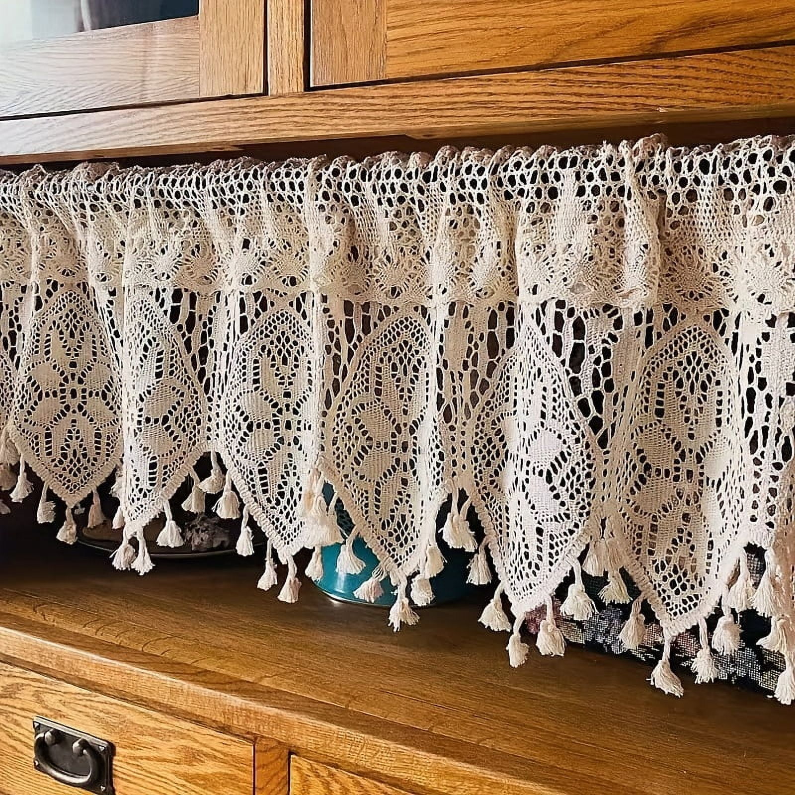 GYTY Handcrafted Beige Linen Valance with Crochet Lace & Tassels - Rod ...