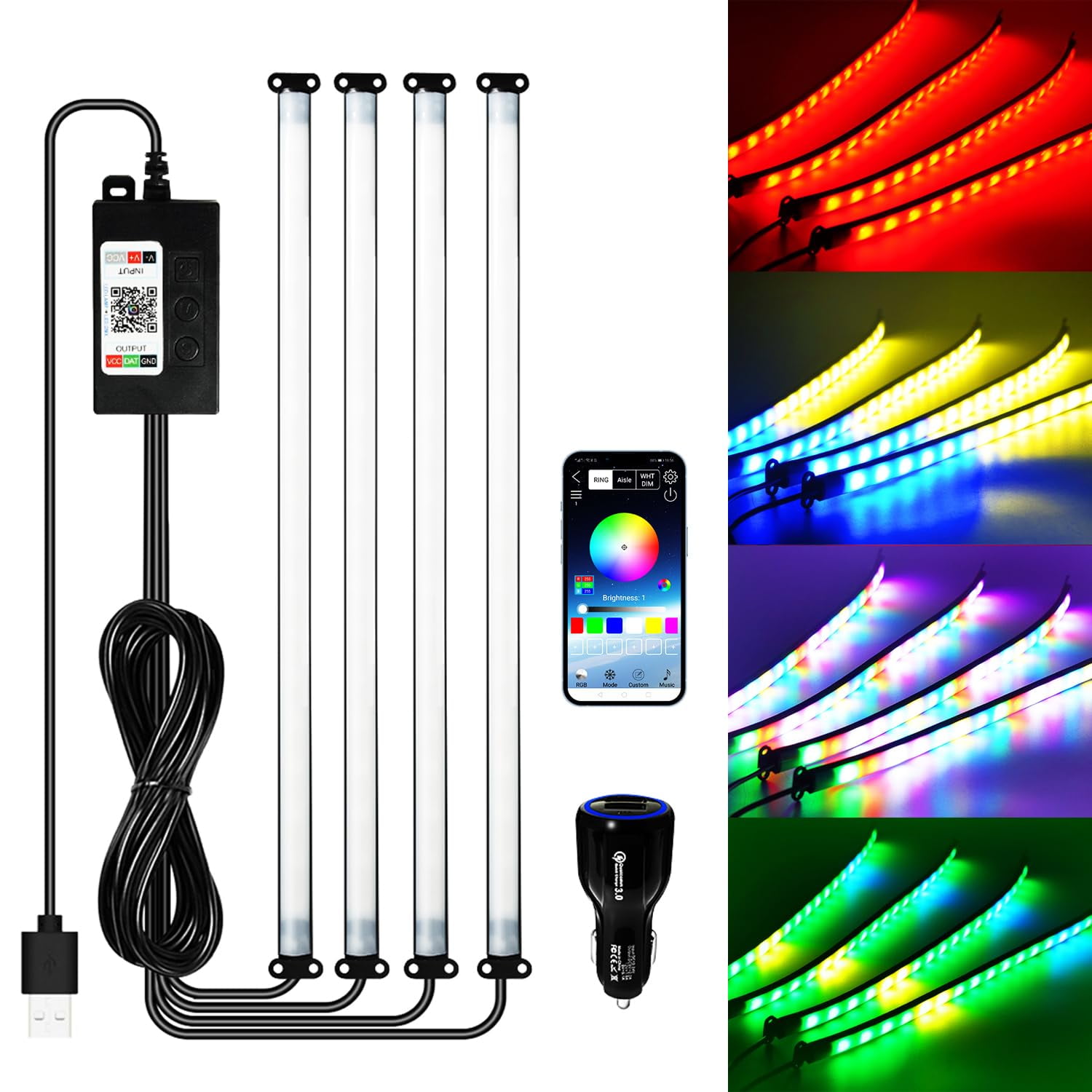 GZ5CG Car Led Interior Light Strip 72LEDs Under Dash Foot Well PVC Housing RGB DIY 210 Modes ...