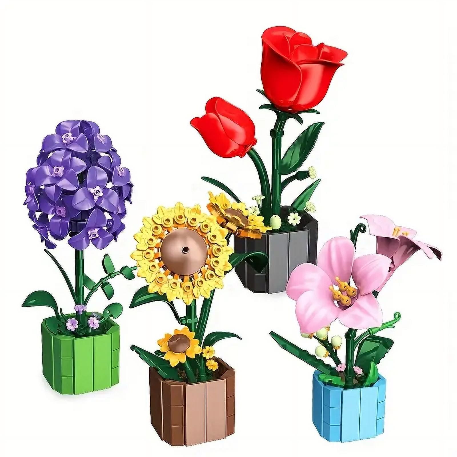 GZBrick Flower Bouquet Botanical Building Sets with Vase Rose Sunflower ...