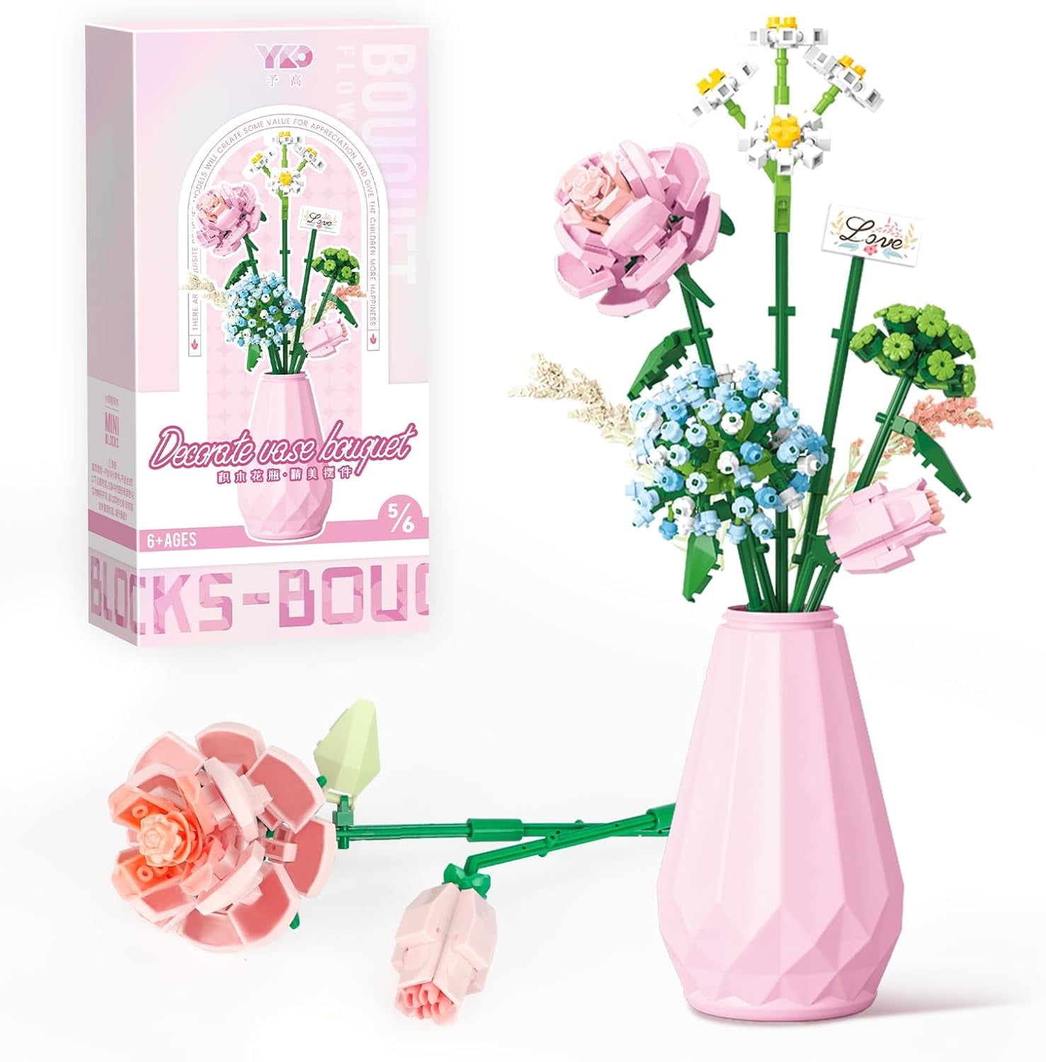 GZBrick Flowers Bouquet Botanical Building Set with Vase for Adults ...