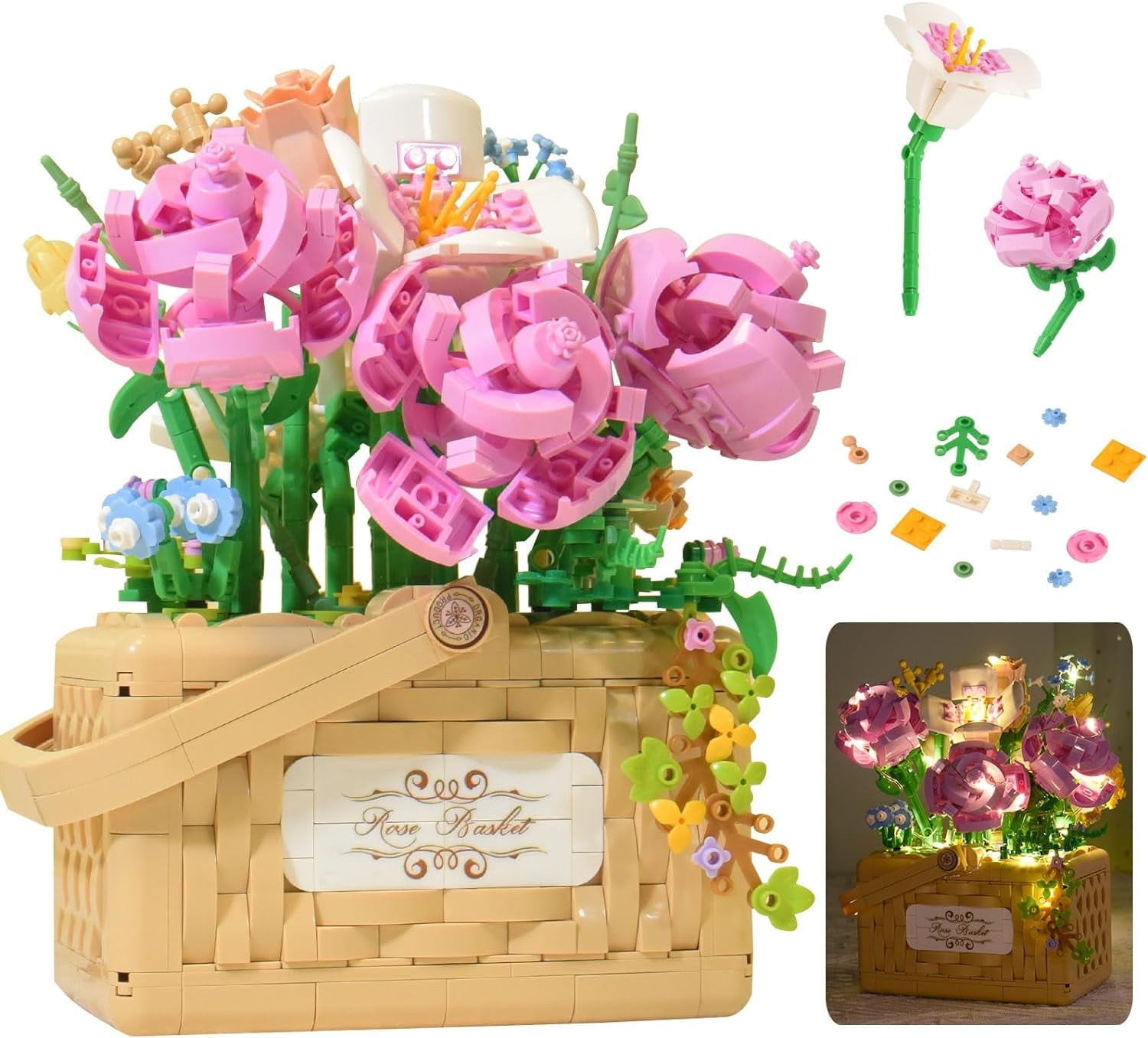 GZBrick Rose Flower Bouquet Building Sets Basket with LED String Light ...