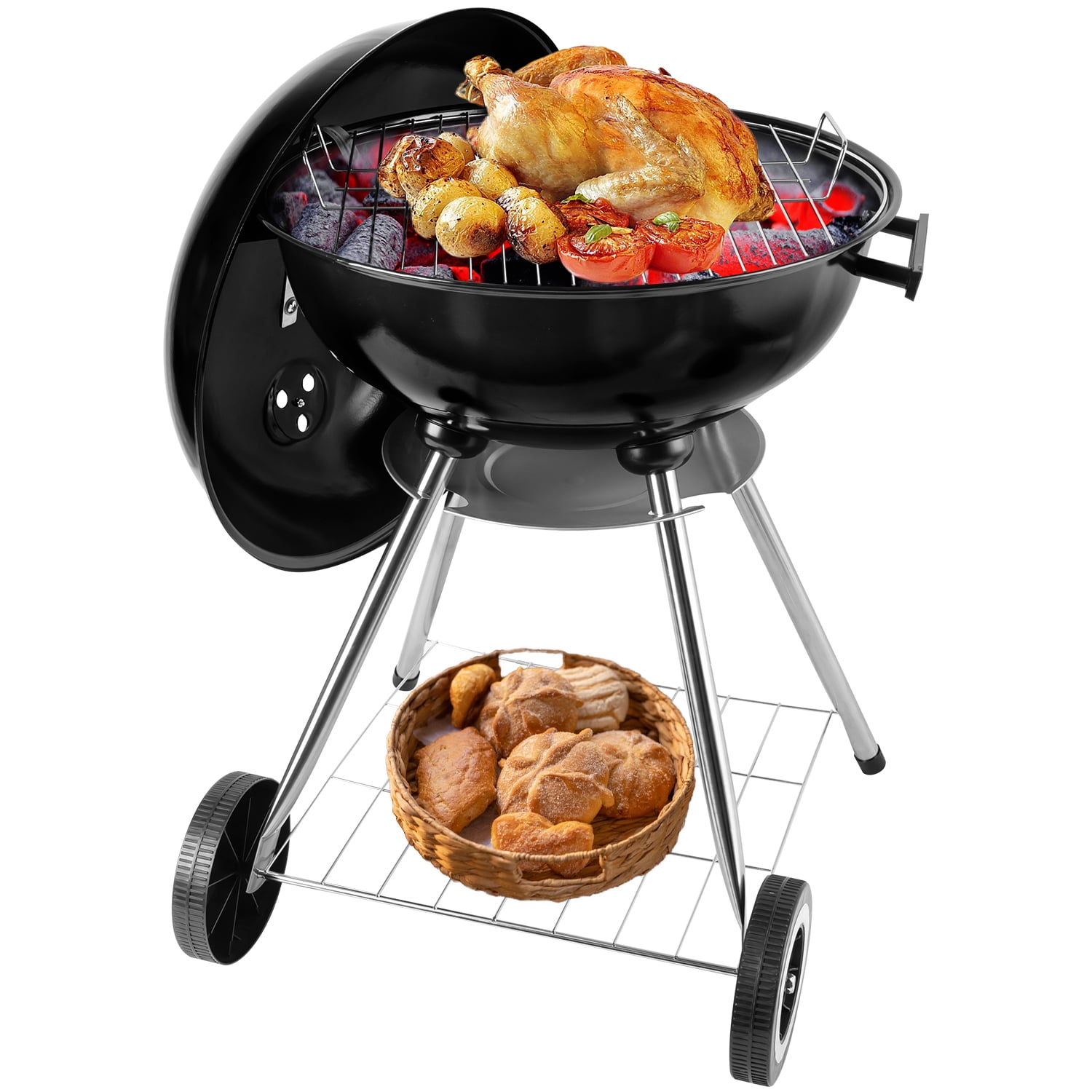 GZCMXH 18 inch portable charcoal grill with wheels 3-point lock cover ...