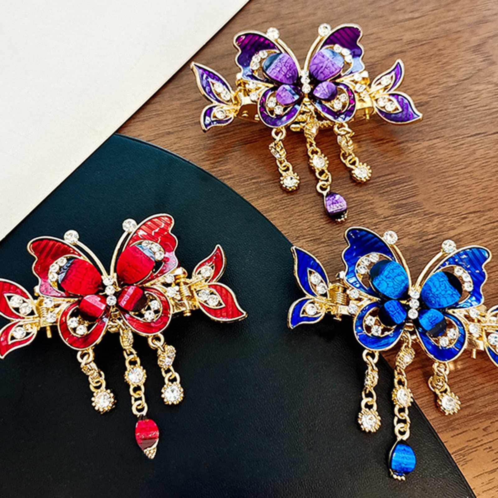 GZCW 1/3Pcs Butterfly Hair Clips Rhinestone Butterfly Tassel Hair Claw ...