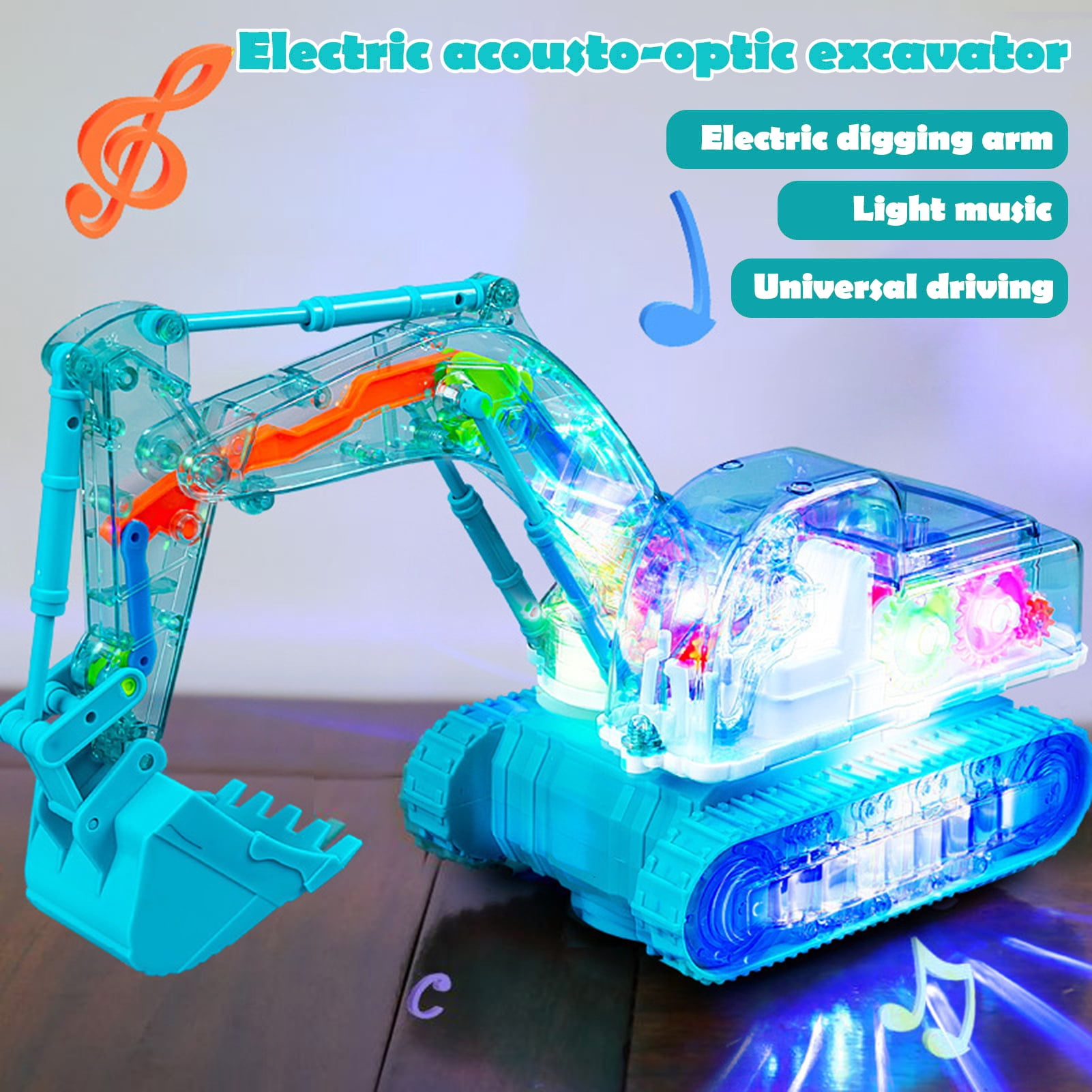 GZCW Clear Mechanical Gear Excavator Toy with Colorful LED Lights Music ...