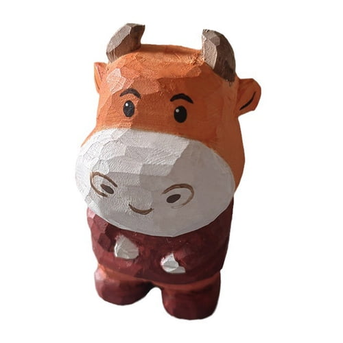 GZCW Wooden Carved Cow Figurine Handmade Cartoon Cow Sculpture Mini Cow ...