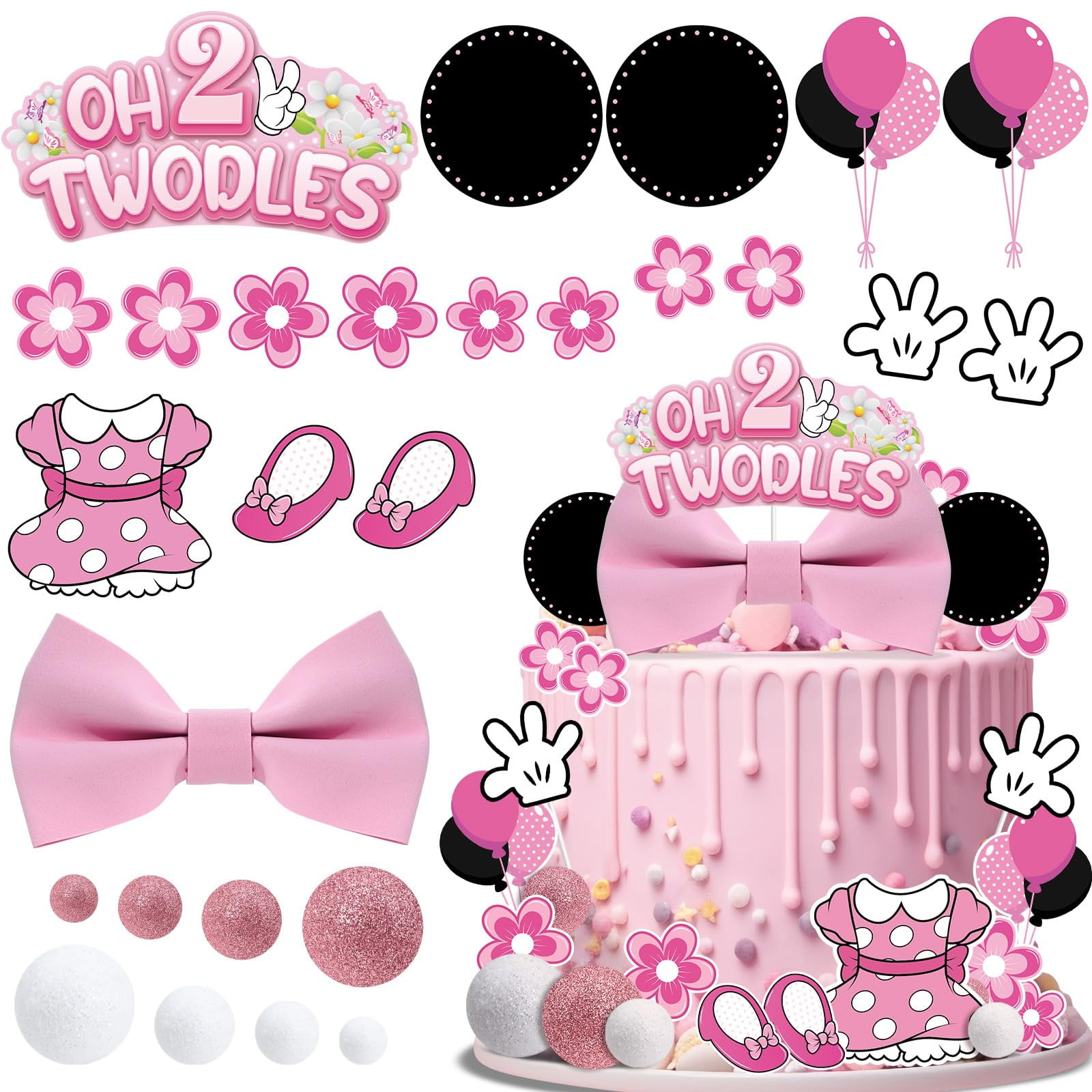 GZDUCK Oh Twodles Cake Topper for KKS1 Girls- 46Pcs Pink Mouse Birthday ...