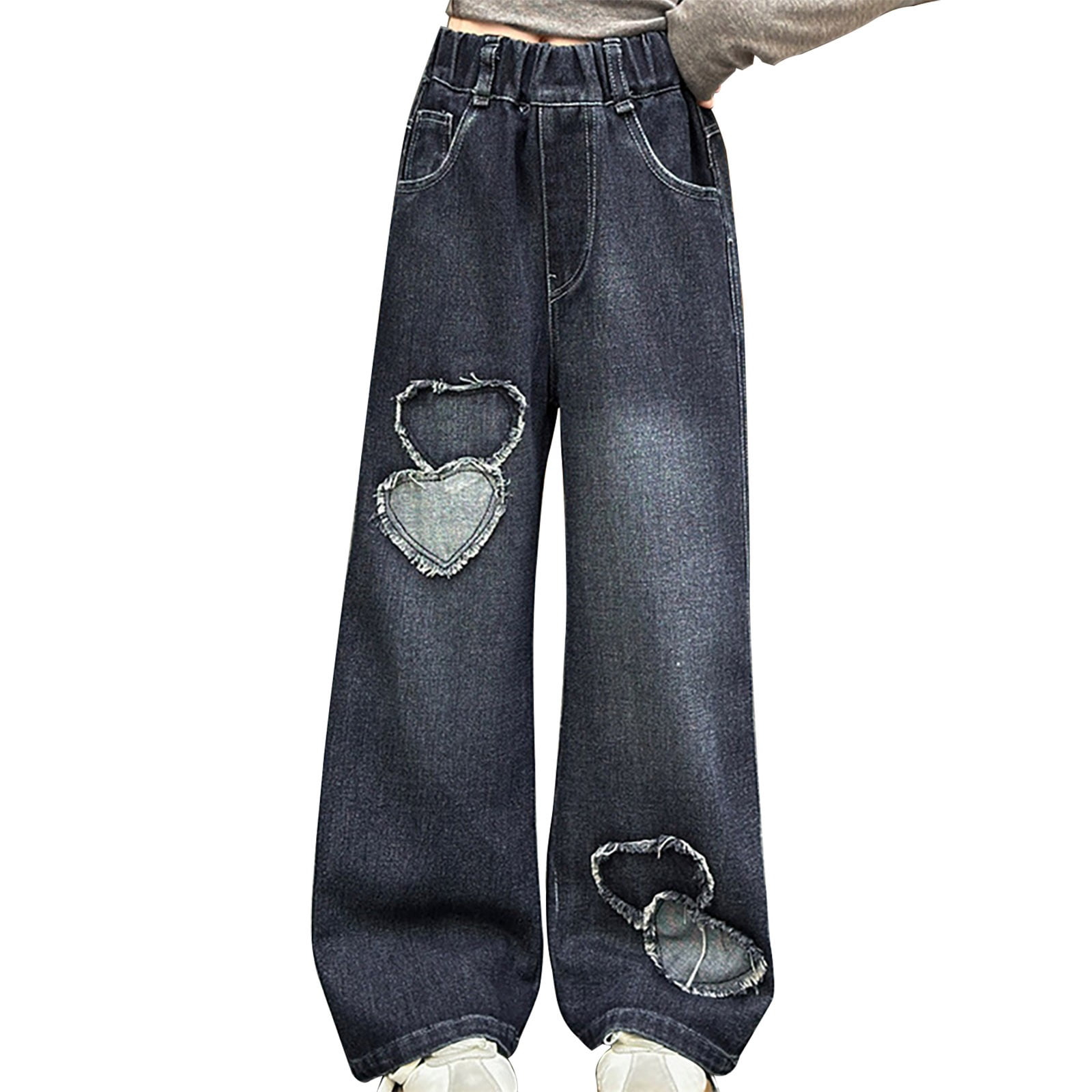 GZEFJRQM Wide Leg Jeans for Girls Elastic Waist Straight Denim Pants ...