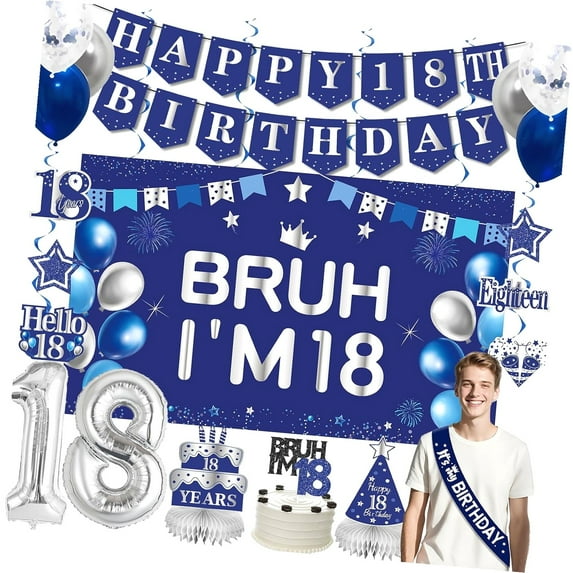 GZHJMY 18th Birthday Decorations for Boys Girls, Blue Silver '18 ...