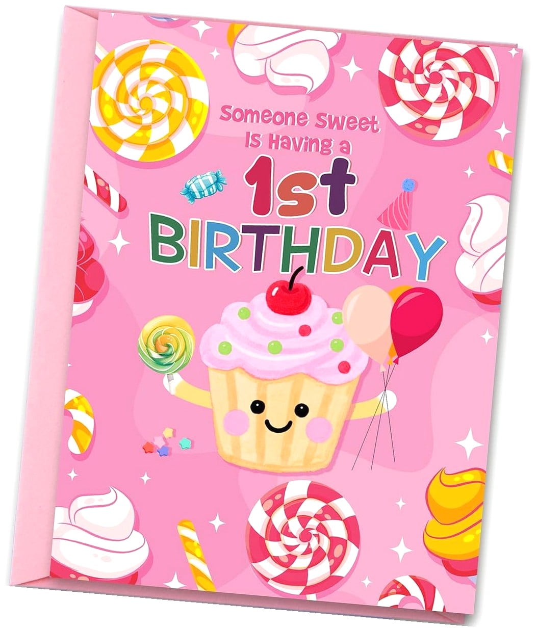 GZHJMY 1st Birthday Card for Girls, 1 Year Old Birthday Card, Cupcake ...