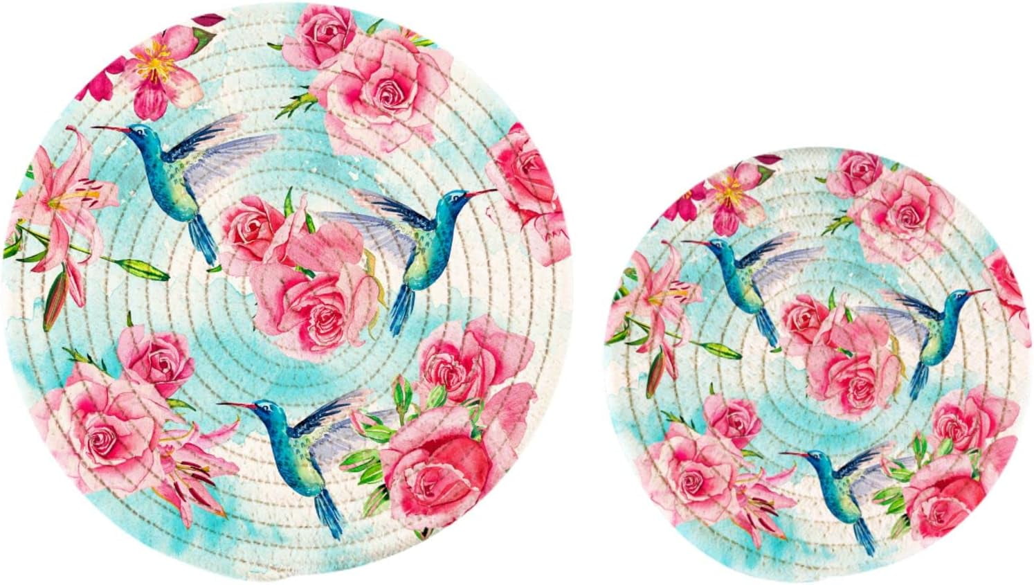 GZHJMY 2 Pcs Spring Flowers Hummingbirds Round Cotton Woven Potholders ...