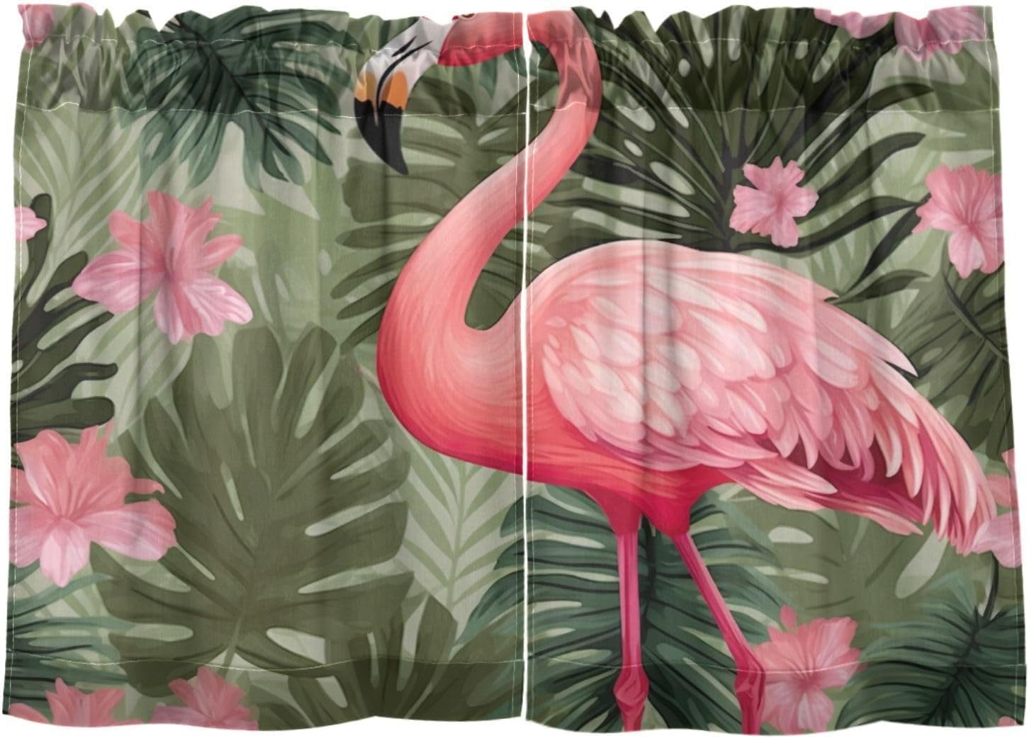 GZHJMY 24 Inch Length Kitchen Curtains Flamingos Palm Flower 2 Panels ...
