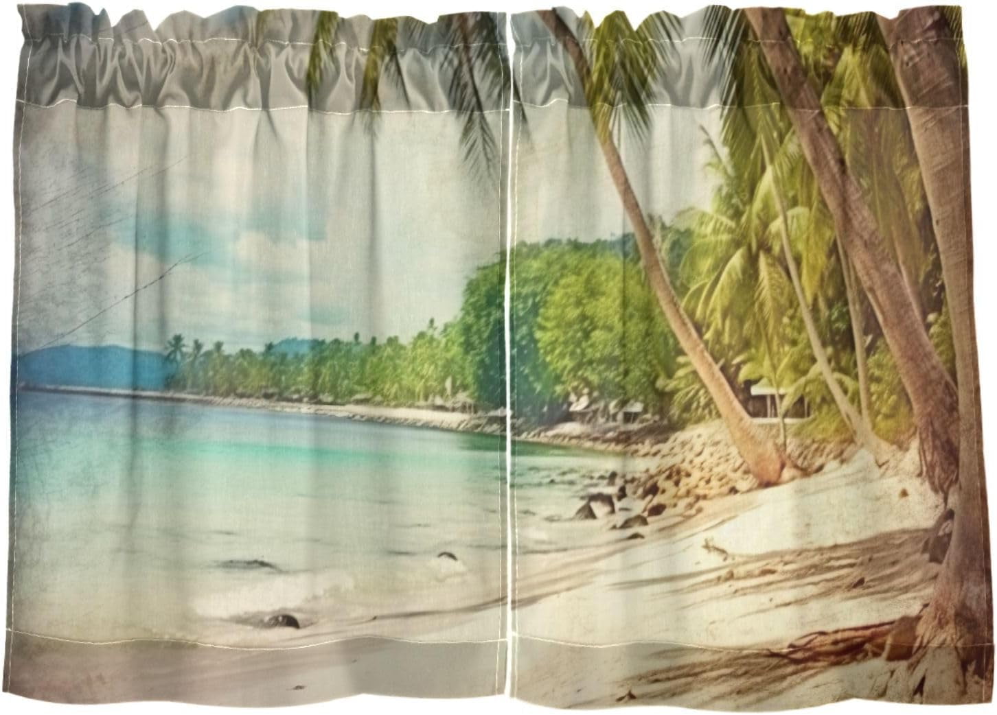 GZHJMY 24 Inch Length Kitchen Curtains Tropical Palm Tree 2 Panels Half ...