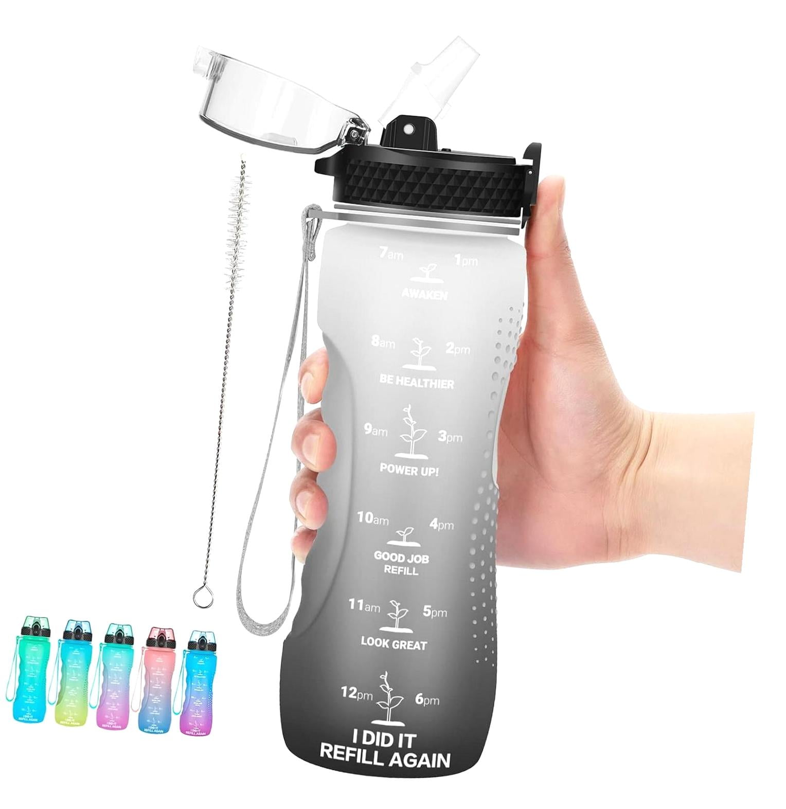 GZHJMY 24 OZ Motivational Water Bottle With Time Marker,Straw Lid,Leak Proof, Tritan White (1 ...