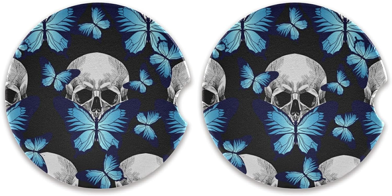 GZHJMY 2CPS Blue Butterfly Skull Car Coasters,Absorbent Car Ceramic ...