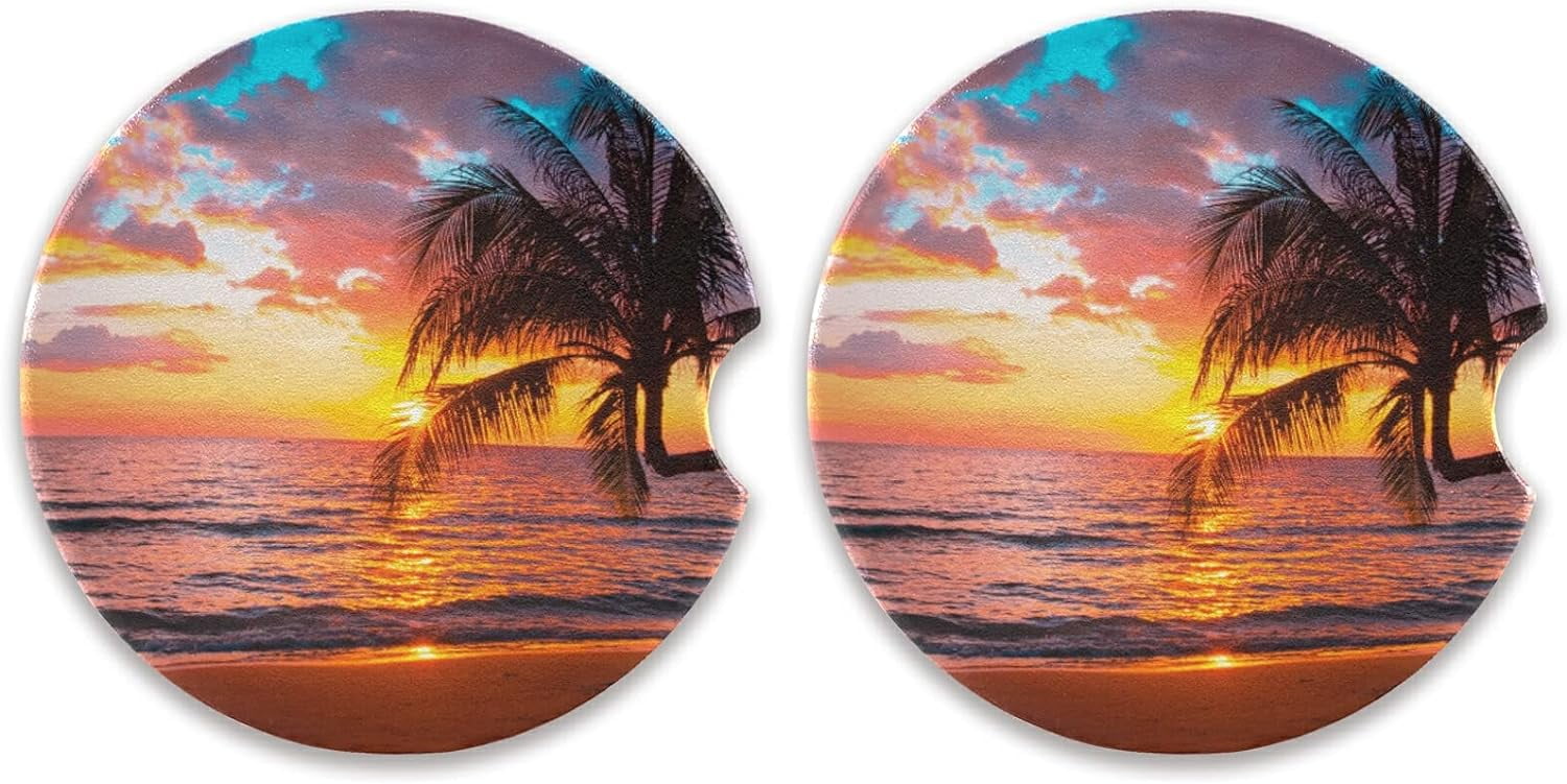 GZHJMY 2CPS Sunset Beach Palm Trees Car Coasters,Absorbent Car Ceramic ...