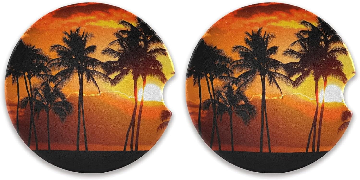 GZHJMY 2CPS Tropical Palm Trees Sunset Car Coasters,Absorbent Car ...