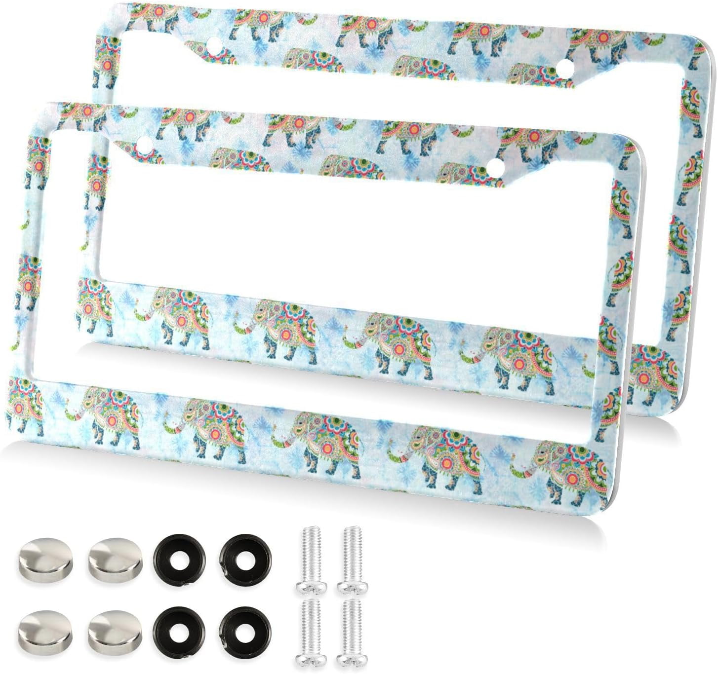 GZHJMY 2pcs Ethnic Elephant Print License Plate Frame for Car ...