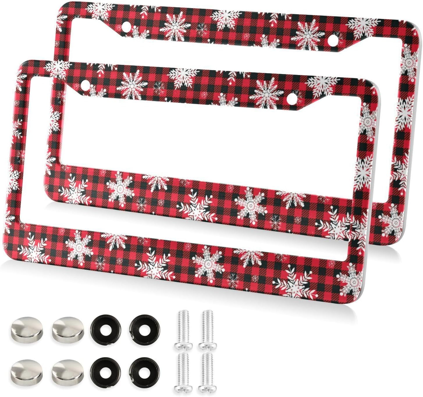GZHJMY 2pcs Snowflakes on A Buffalo Plaid License Plate Frame for Car ...