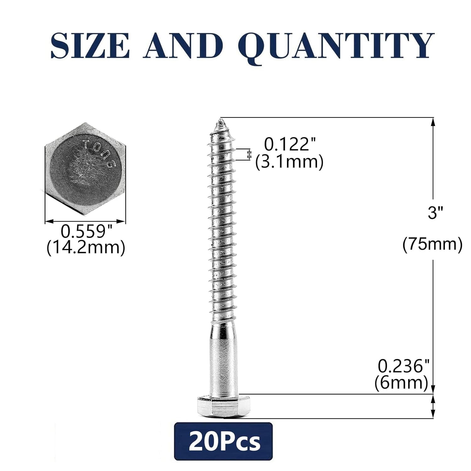 GZHJMY 3/8" x 3" Hex Lag Screws Bolts 20Pcs 304 Stainless Steel 18-8 ...