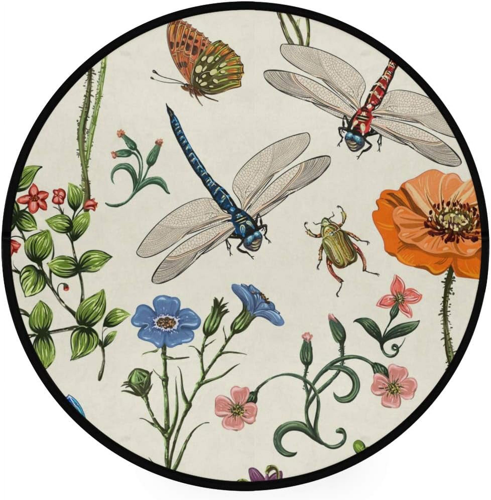 GZHJMY 3-Feet Vintage Dragonfly and Flower Round Area Rugs Soft Living ...