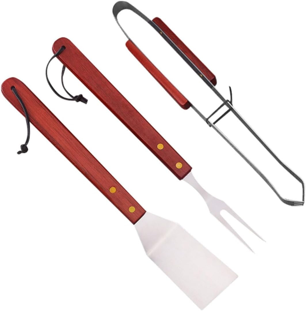 GZHJMY 3-pc Set Stainless Steel BBQ Tools Wood Handle Grill Utensils ...