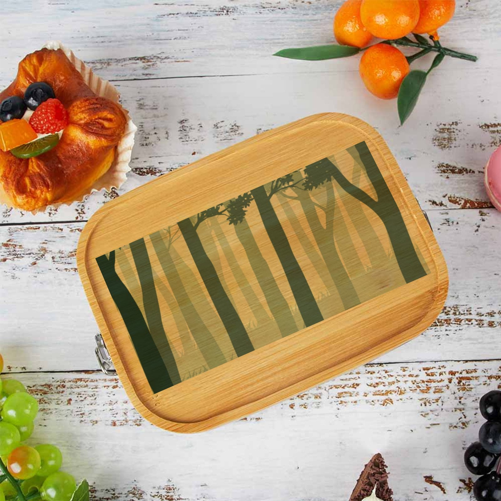 GZHJMY 304 Stainless Steel Lunch Box Bamboo Lid, Blue Landscape with ...