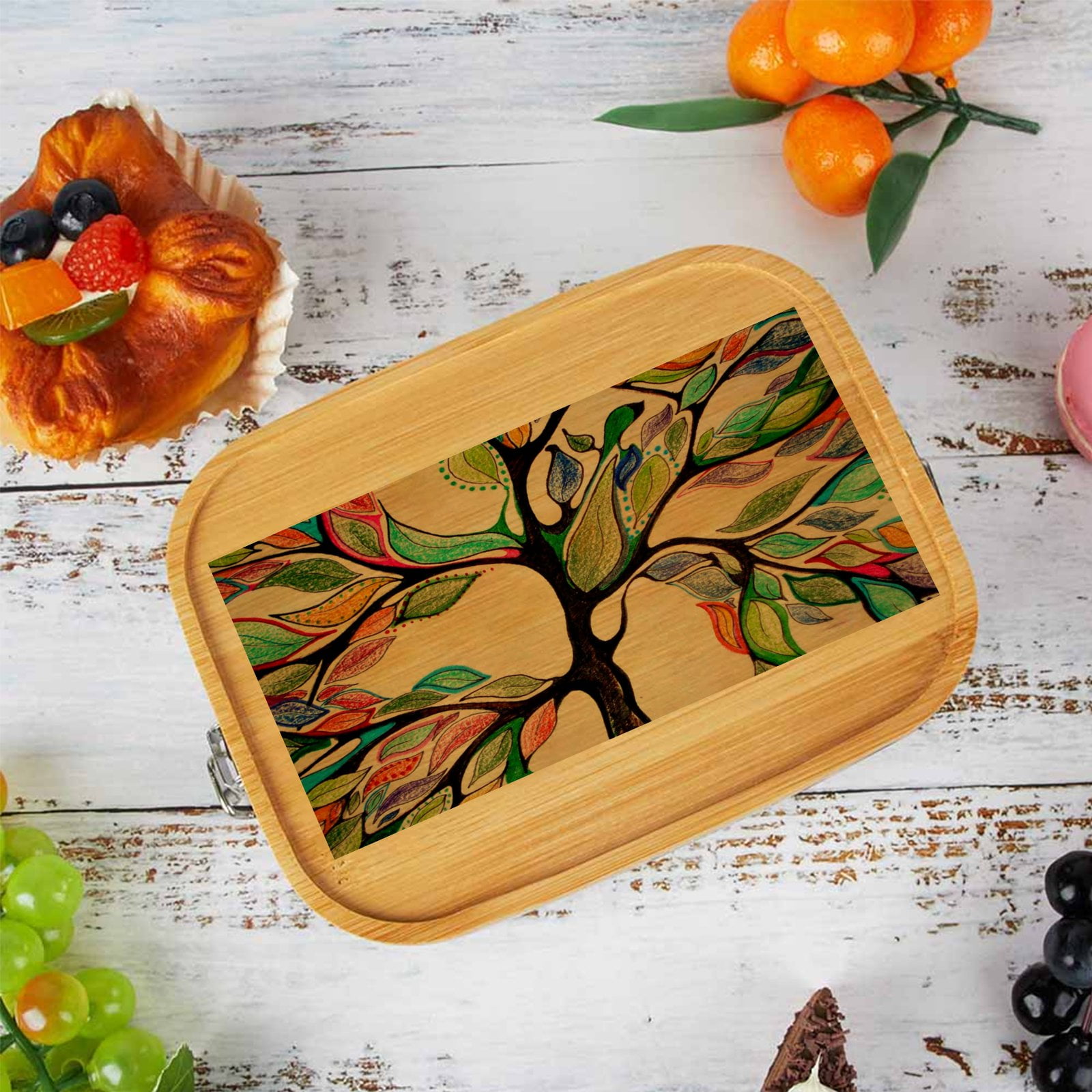GZHJMY 304 Stainless Steel Lunch Box Bamboo Lid, Fantasy Colourful Tree ...