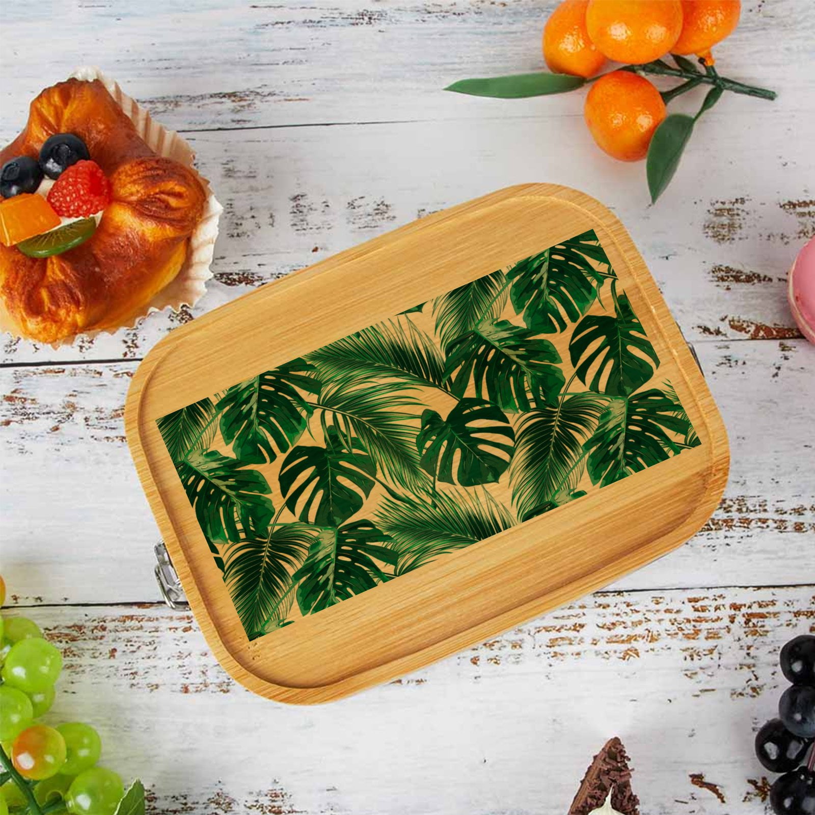 GZHJMY 304 Stainless Steel Lunch Box Bamboo Lid, Tropical Style Palm ...