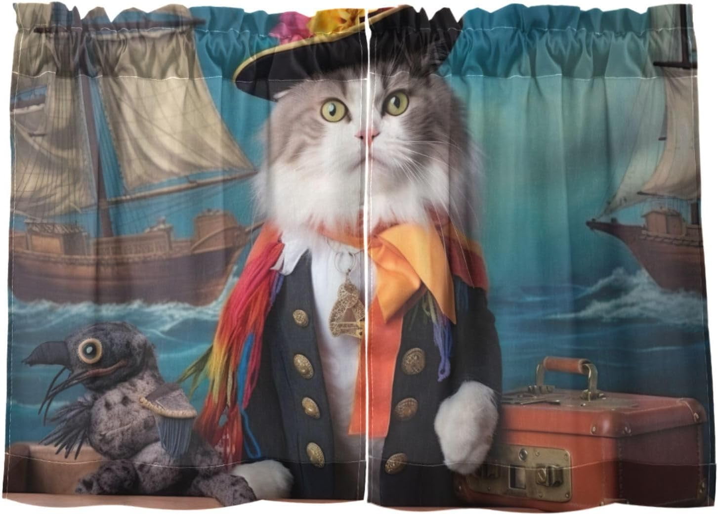 GZHJMY 36 Inch Length Kitchen Curtains Pirate Captain Cat 2 Panels Half ...