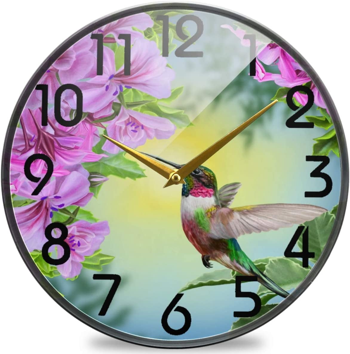 GZHJMY 3D Beautiful Hummingbird Flowers Print Round Wall Clock, 9.5 ...