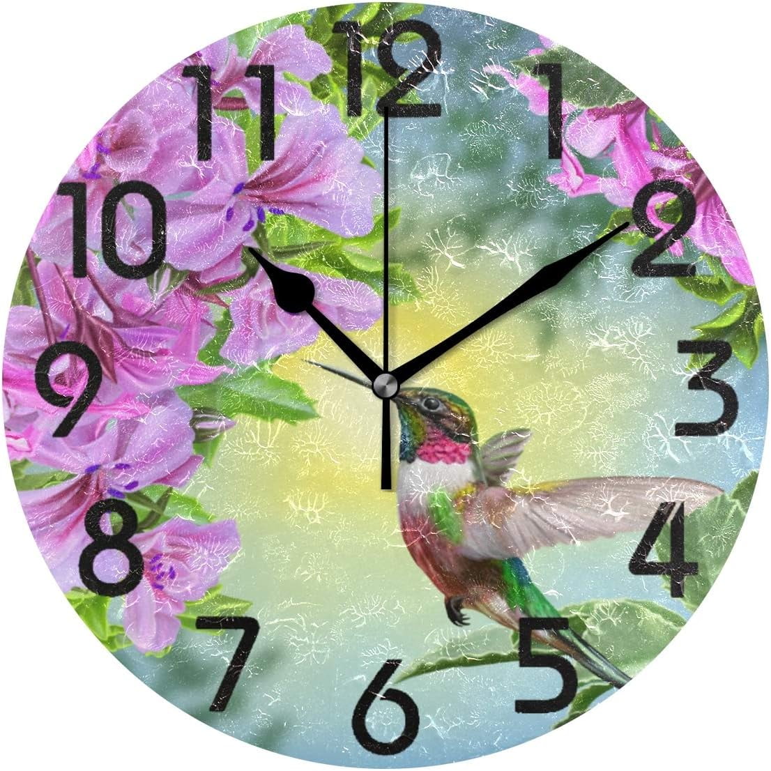 GZHJMY 3D Beautiful Hummingbird Flowers Print Round Wall Clock Decor, 9 ...