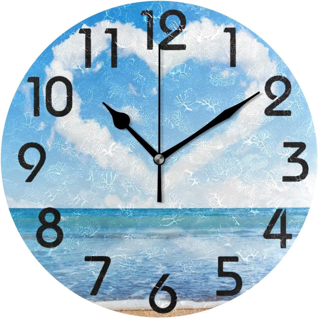 GZHJMY 3D Beautiful Ocean Beach Heart Cloud Round Wall Clock, 9.5 Inch ...