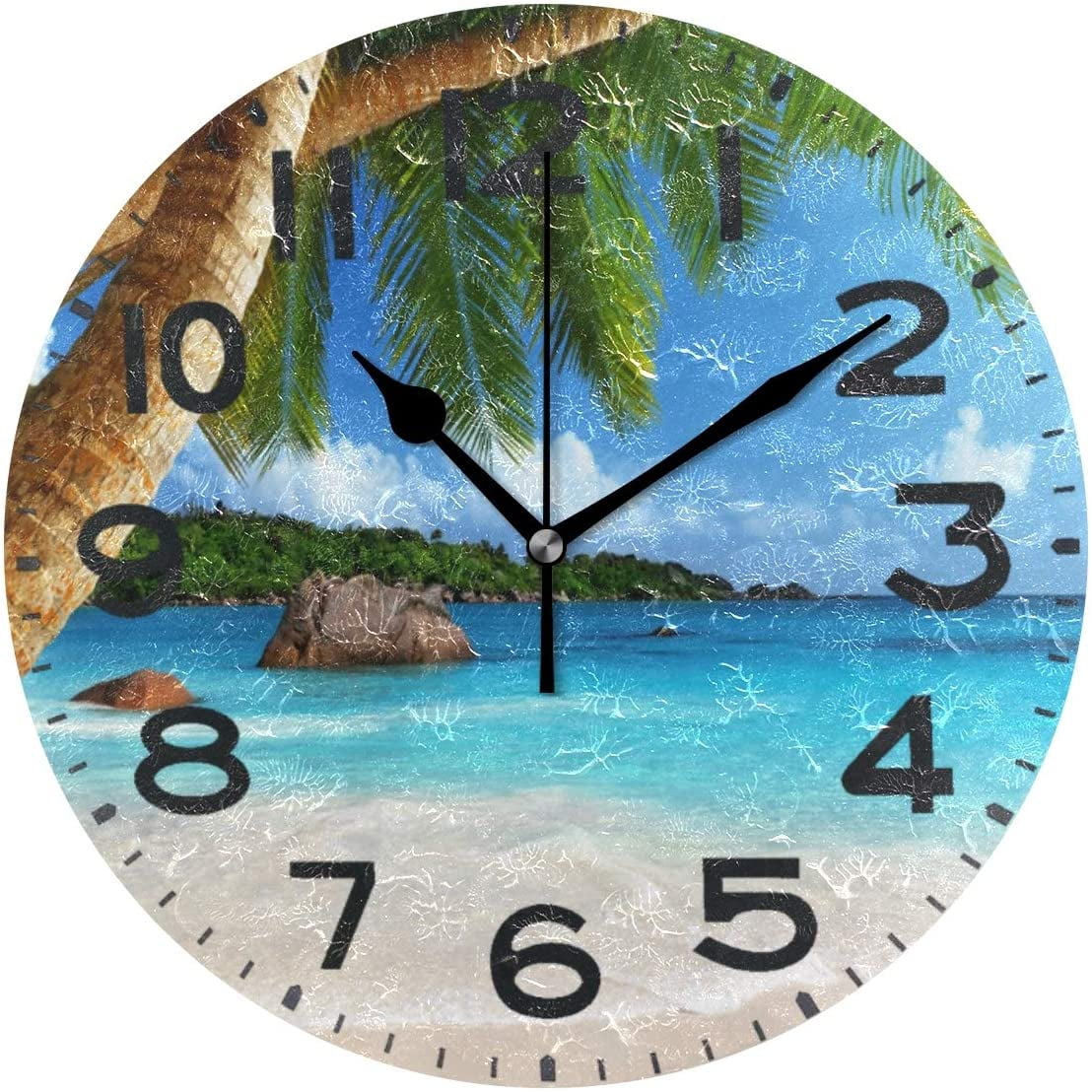 GZHJMY 3D Beautiful Summer Beach Palm Tree Print Retro Round Wall Clock ...