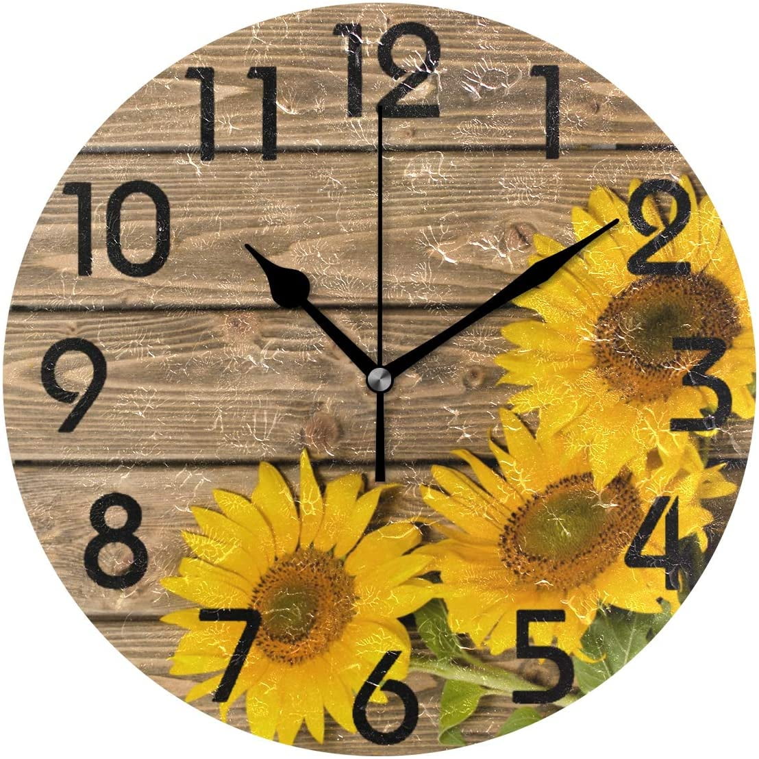 GZHJMY 3D Beautiful Three Sunflowers on Wood Round Wall Clock, 9.5 Inch ...