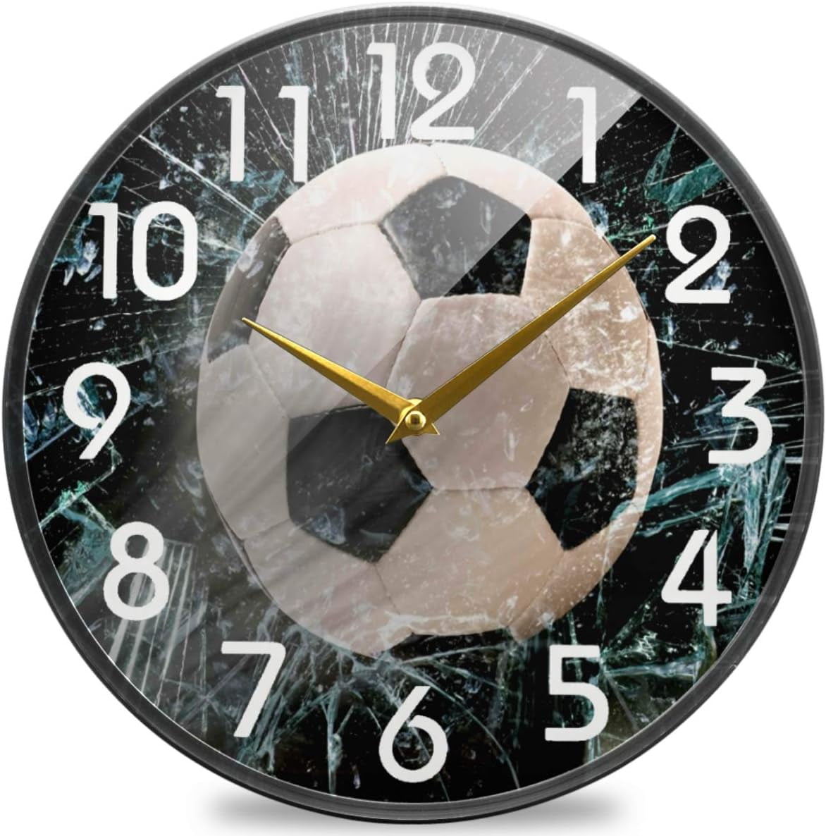 GZHJMY 3D Fast Soccer Ball Through Broken Glass Round Wall Clock, 9.5 ...