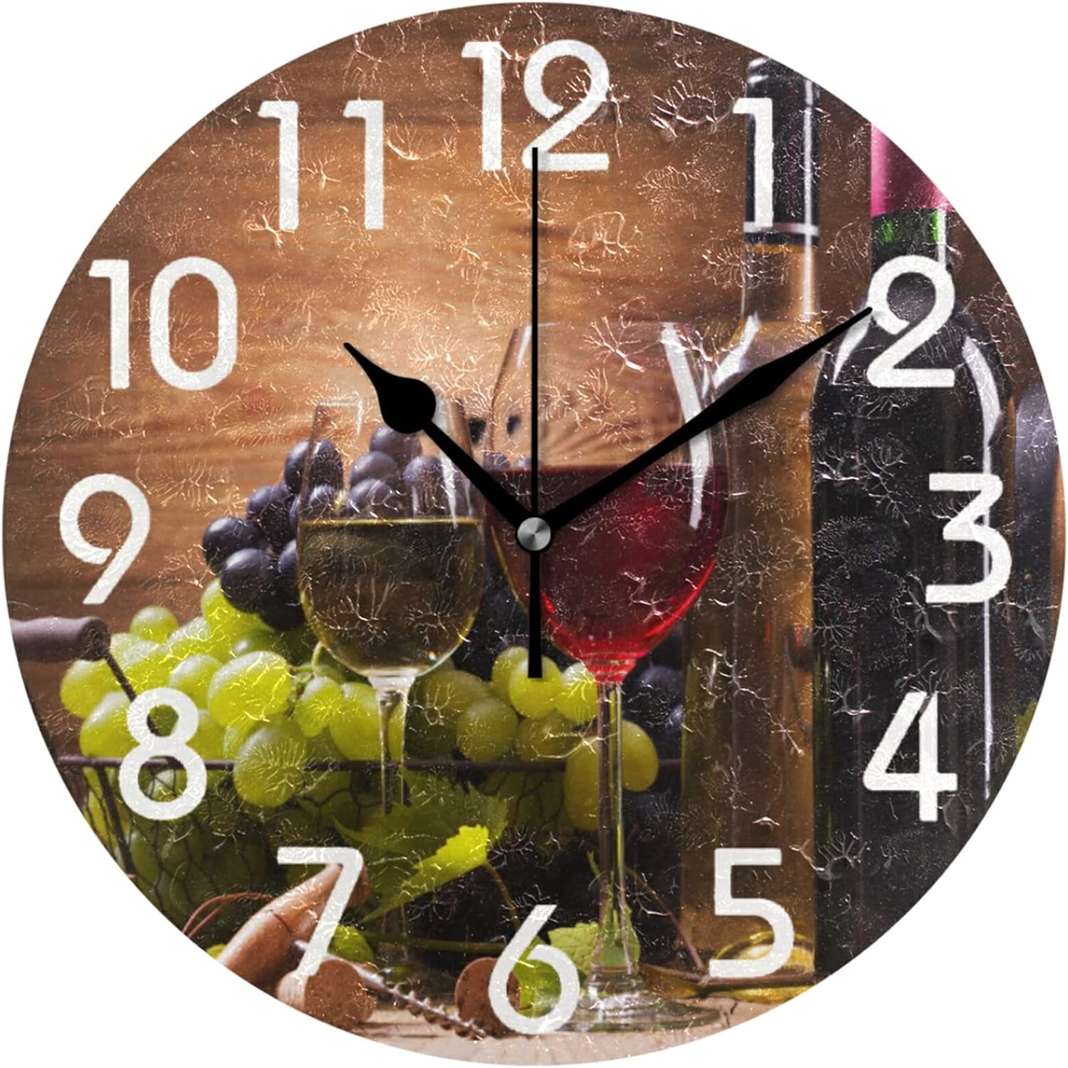 GZHJMY 3D Glasses of Wine Grapes on Wooden Round Wall Clock, 9.5 Inch ...