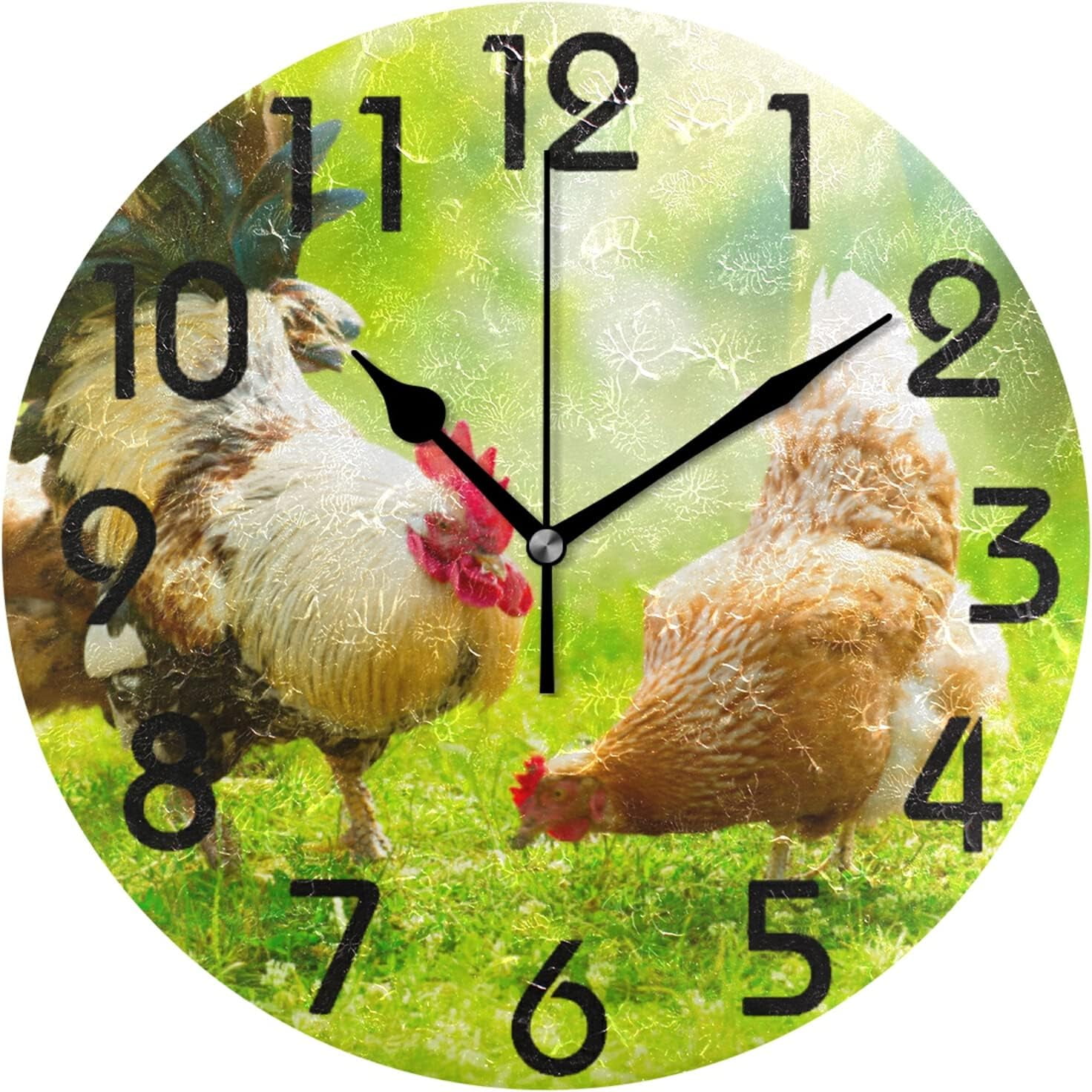 GZHJMY 3D Grassland Hens Cocks Round Wall Clock, 9.5 Inch Battery ...