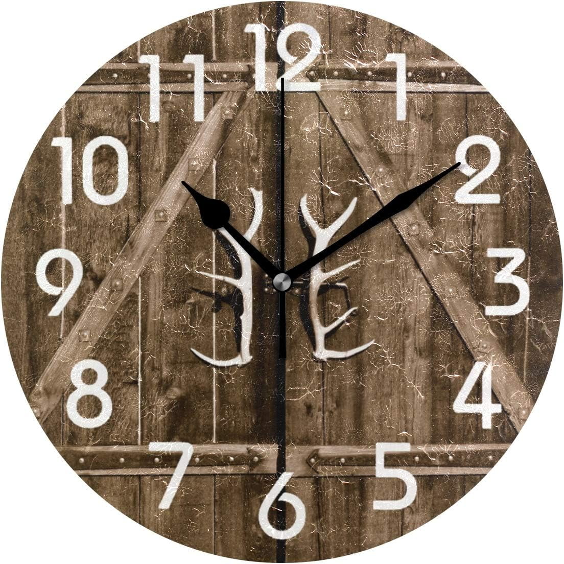GZHJMY 3D Rural Wooden Gate with Antler Handles Print Round Wall Clock ...
