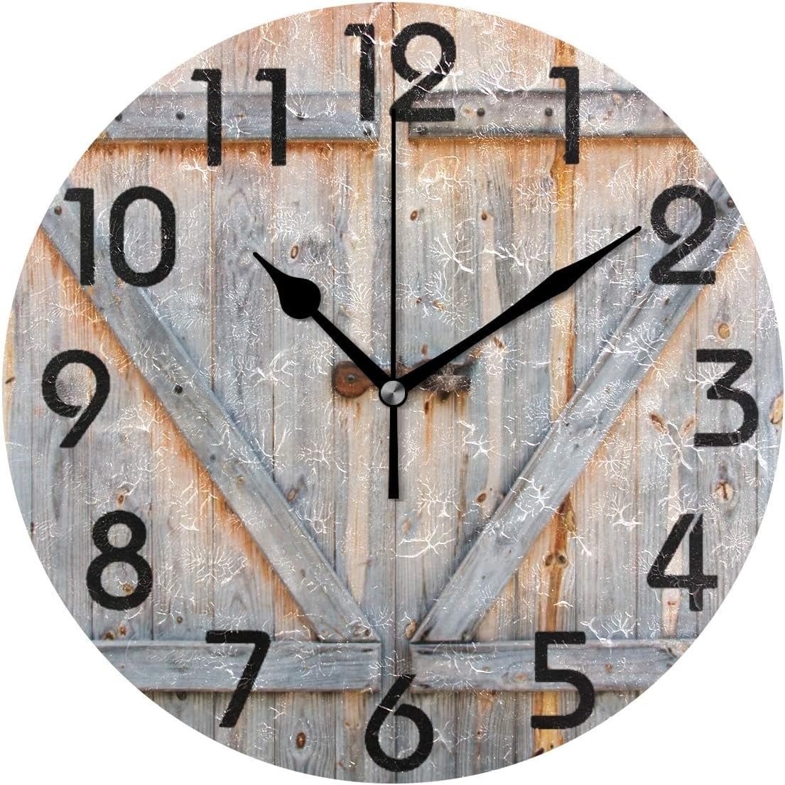 GZHJMY 3D Stylish Wooden Barn Door Print Retro Round Wall Clock ...